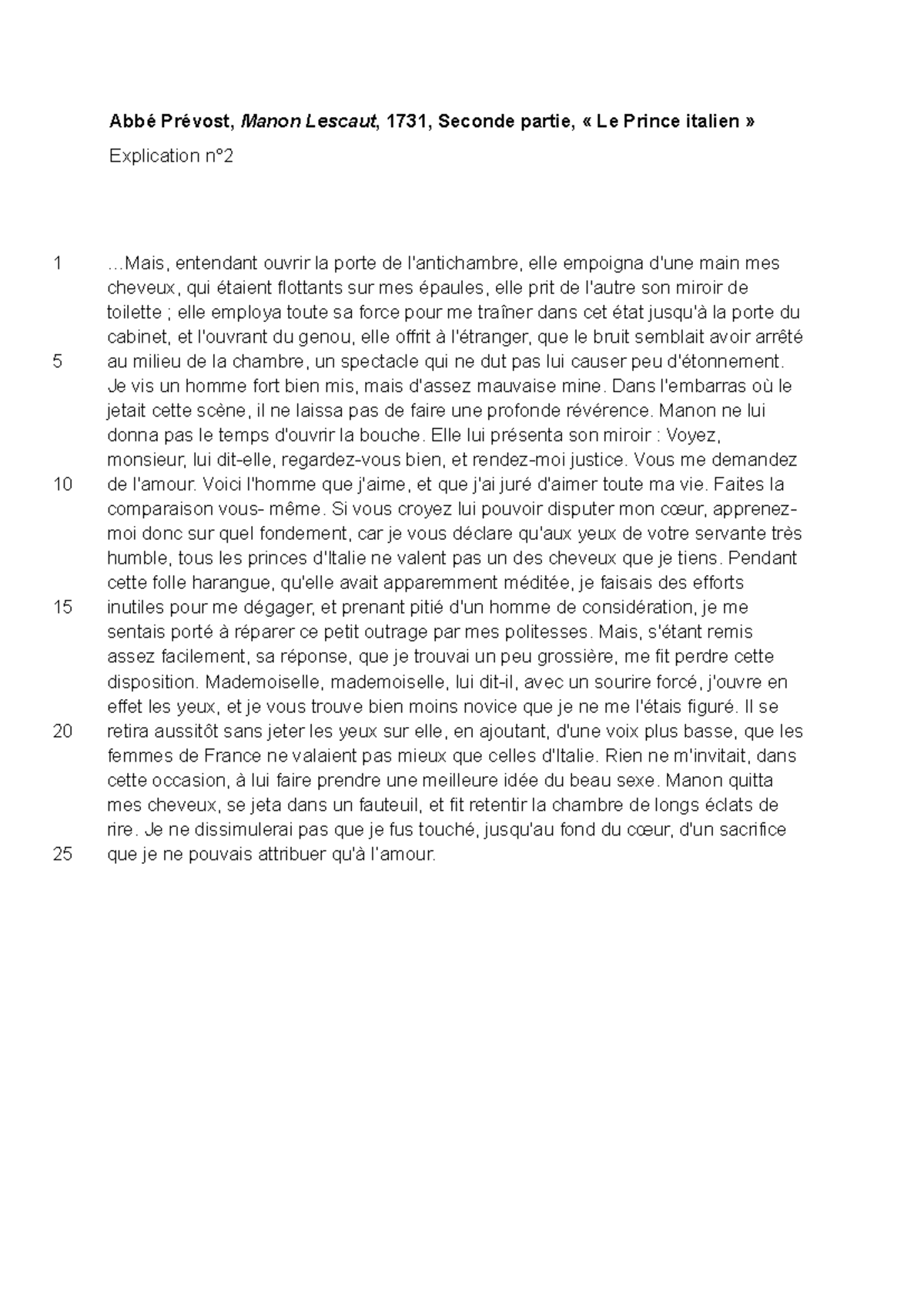 Manon-Le Prince-Texte - Abbé Prévost, Manon Lescaut, 1731, Seconde partie, « Le Prince italien ...