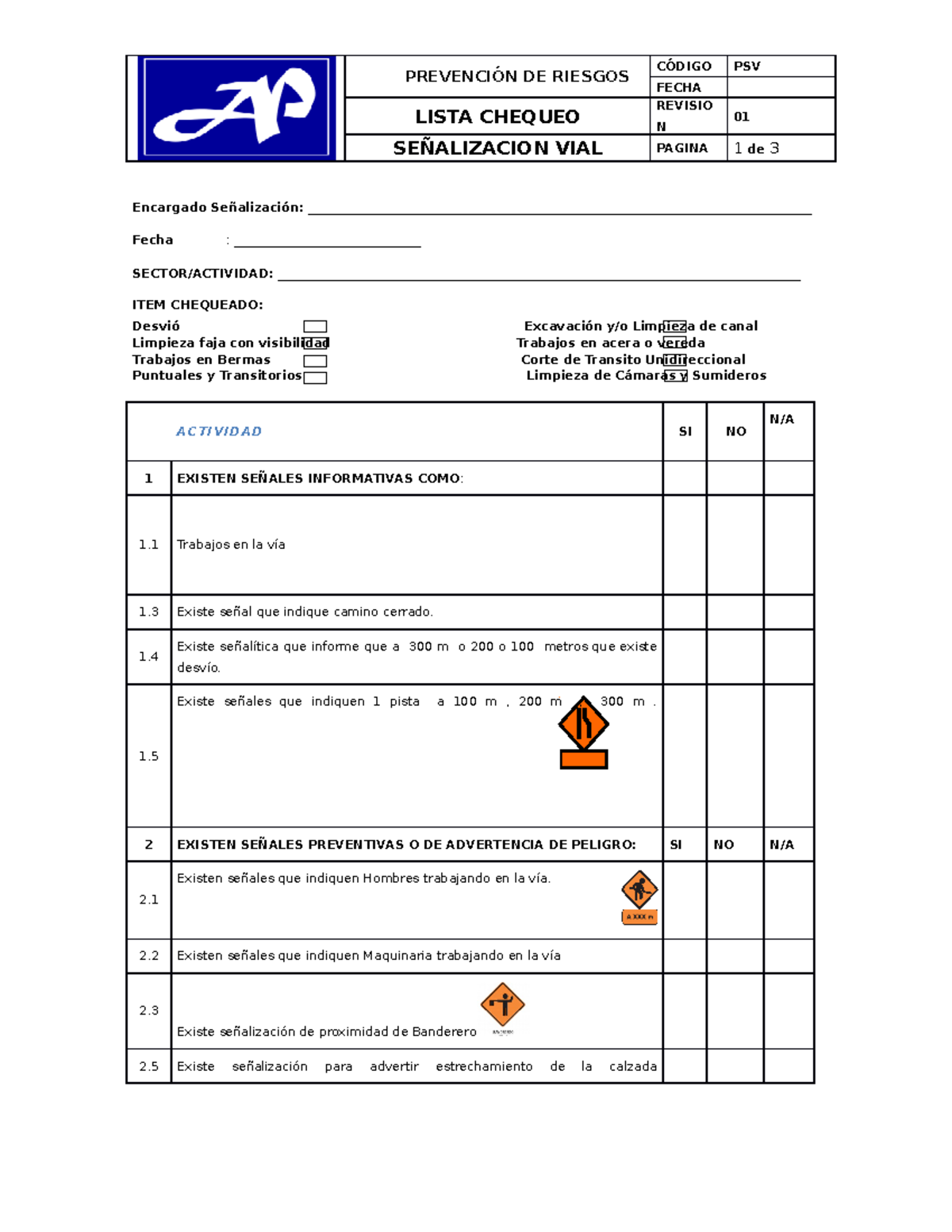 Check LIST Señalizacion VIAL - PREVENCIÓN DE RIESGOS CÓDIGO PSV FECHA ...
