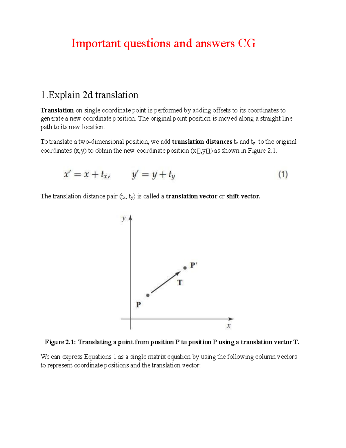 CG Important questions and answers - Important questions and answers CG 1 2d translation ...