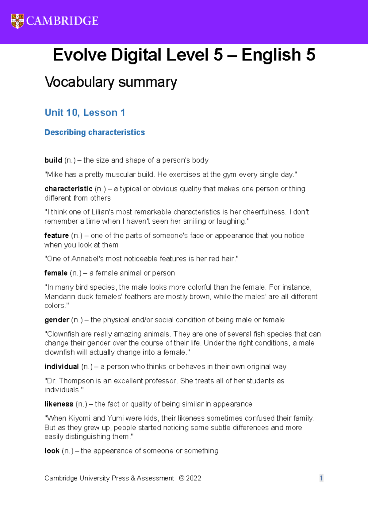 Unit 10 - E5 - Vocabulary - Evolve Digital Level 5 – English 5 ...