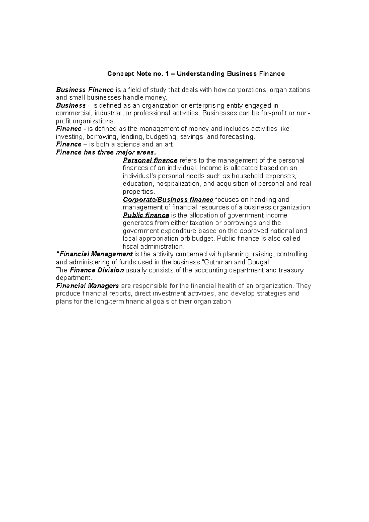 Understanding Business Finance - Concept Note no. 1 – Understanding ...