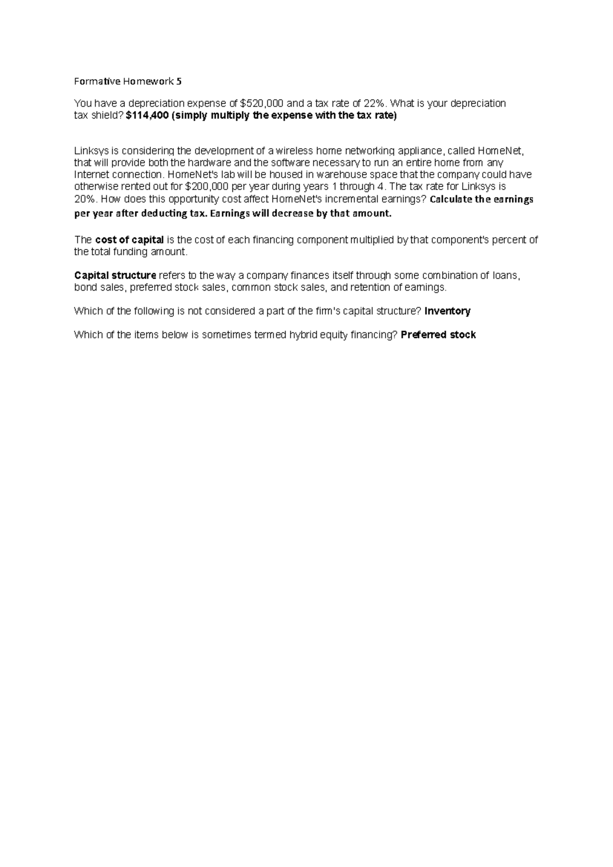 Business Finance Quiz - Formative Homework 5 - Formative Homework 5 You ...