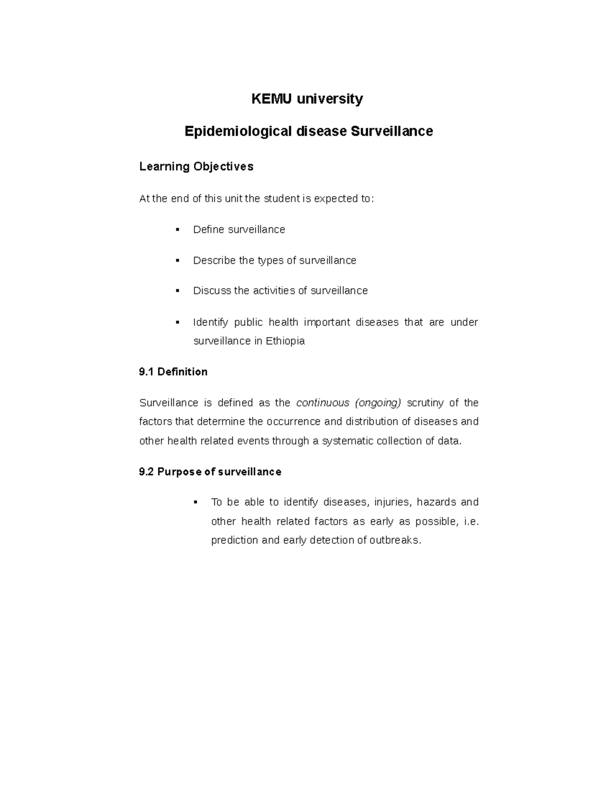 Surveillance Notes - KEMU university Epidemiological disease ...