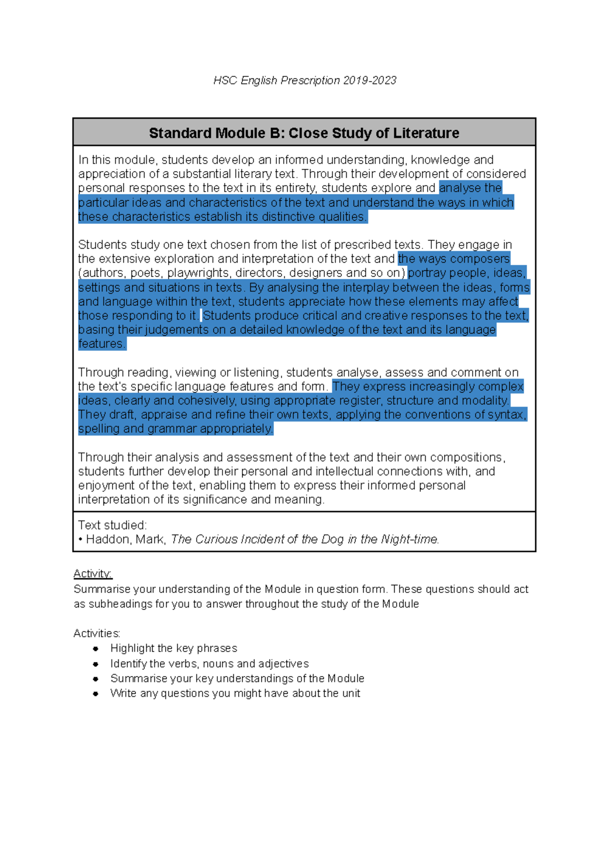 Module B Rubric Outline - HSC English Prescription 2019- Standard ...