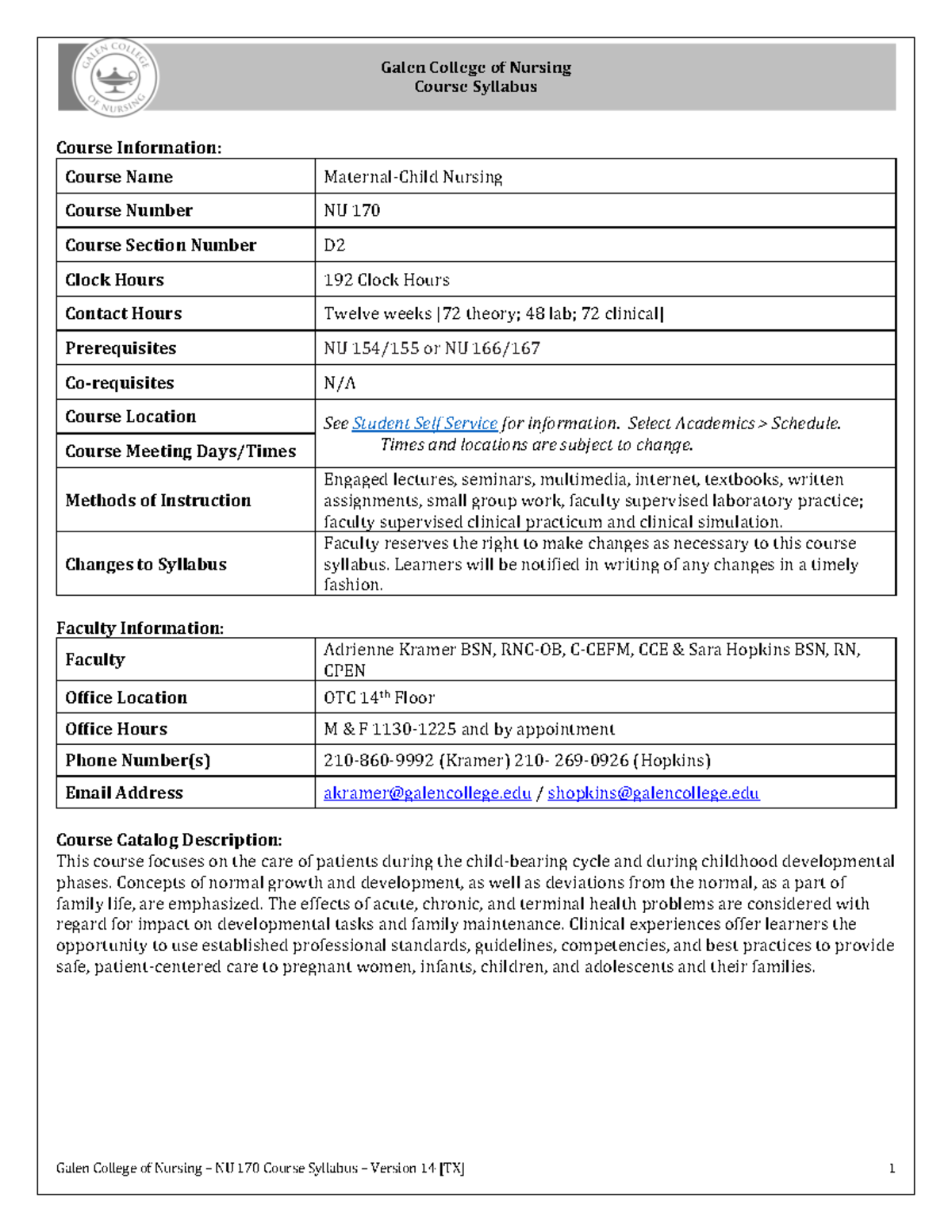 NU 170 Syllabus Version 14 TX Kramer D2 Winter 2024 - Galen College of ...