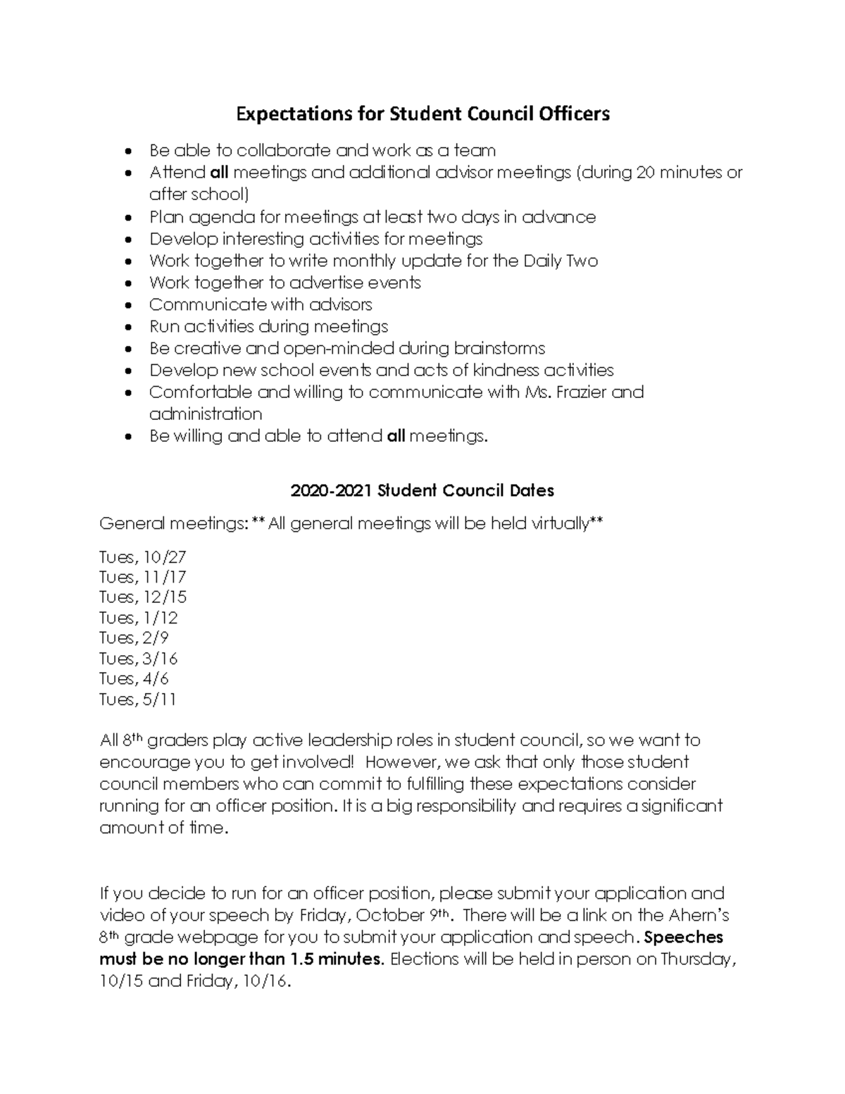 Student Council Officer Positions and Expectations - Expectations for ...