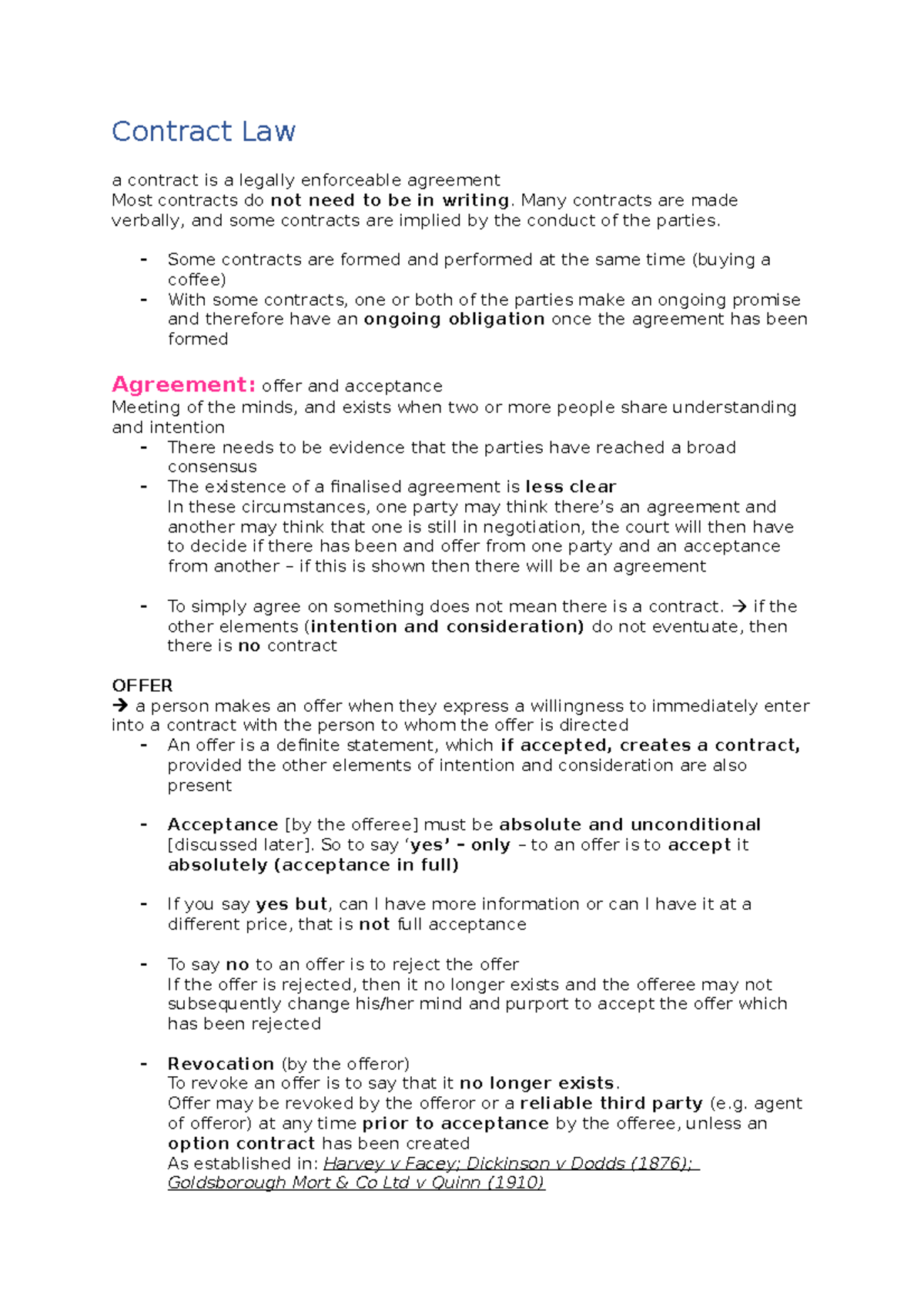 Contract Law - lecture notes from topics 5-9 - Contract Law a contract ...