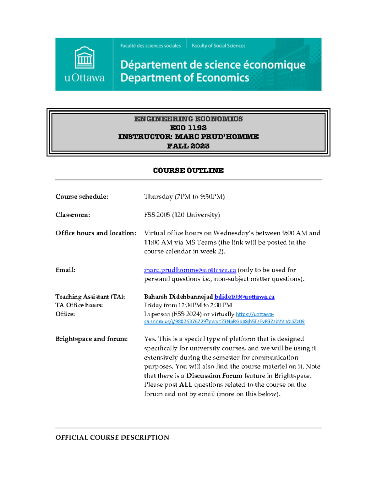 ECO1192 Outline F2023 v9 - ENGINEERING ECONOMICS ECO 1192 INSTRUCTOR ...