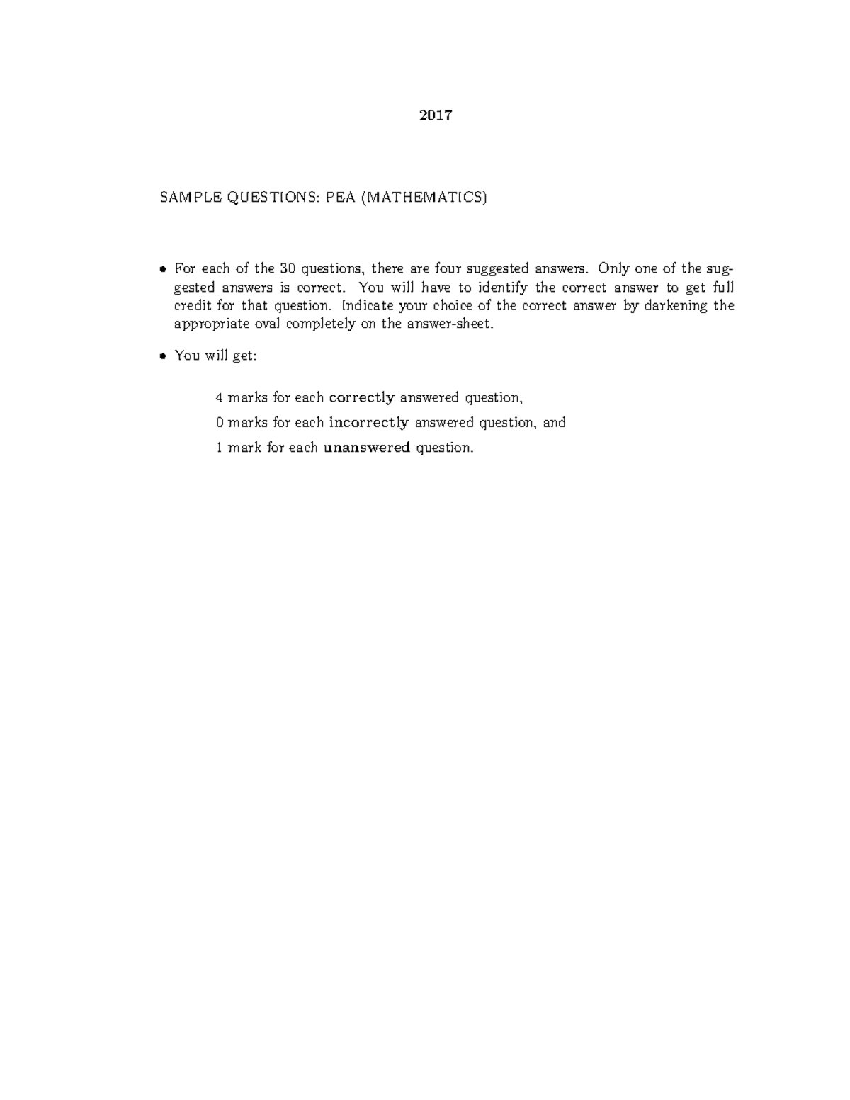 ISI 2017 MSQE PEA - 2017 SAMPLE QUESTIONS: PEA (MATHEMATICS) For each of the 30 questions, there ...