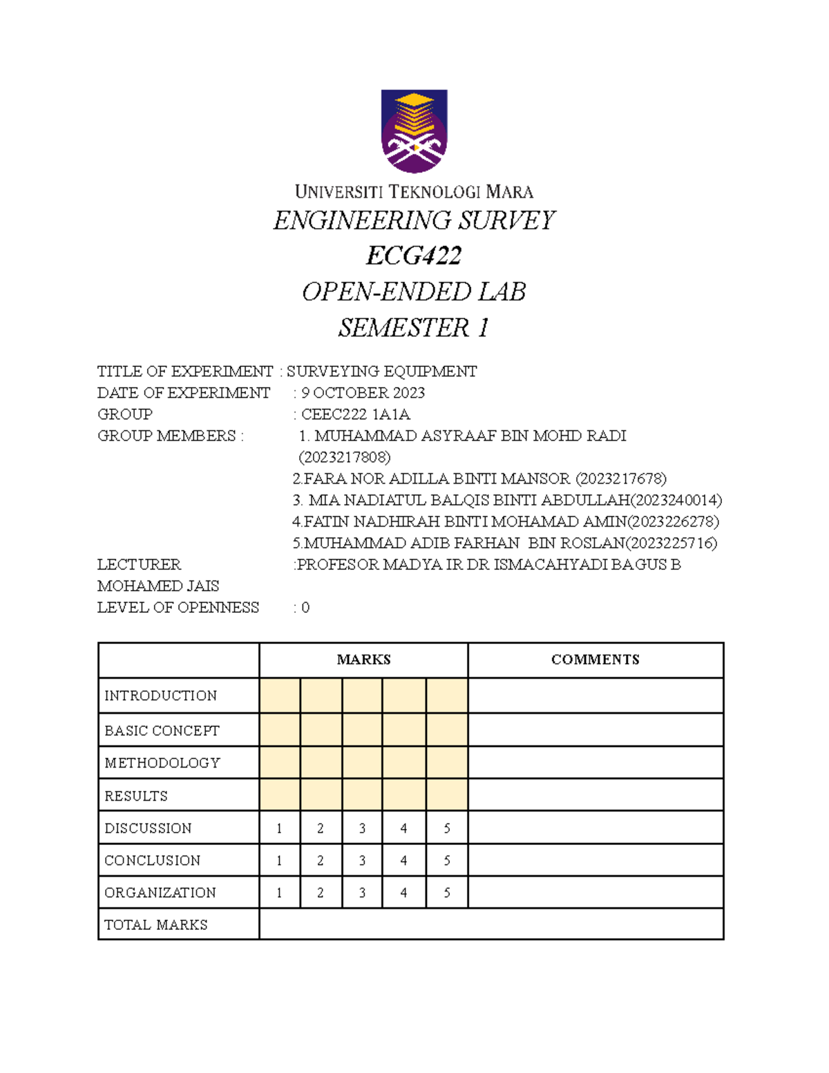 Survey equipment lab report - ENGINEERING SURVEY ECG OPEN-ENDED LAB ...