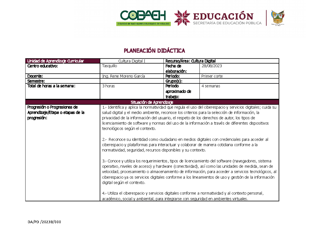 Planeacion Didactica Cultura Digital RENE Moreno - PLANEACIÓN DIDÁCTICA Unidad de Aprendizaje ...