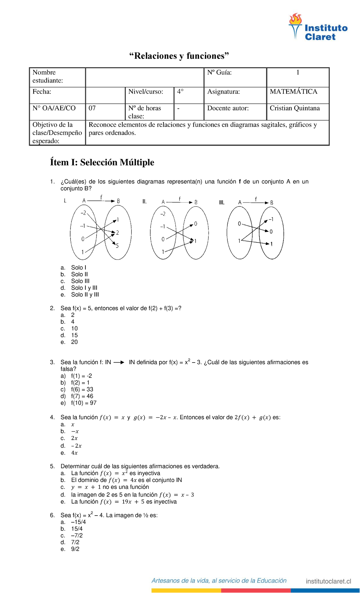Guía-N°1-4°-relaciones y funciones - “Relaciones y funciones” Ítem I ...