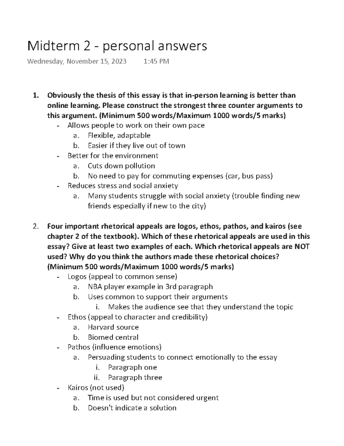 Eng 1100 - midterm 2 notes - Obviously the thesis of this essay is that ...