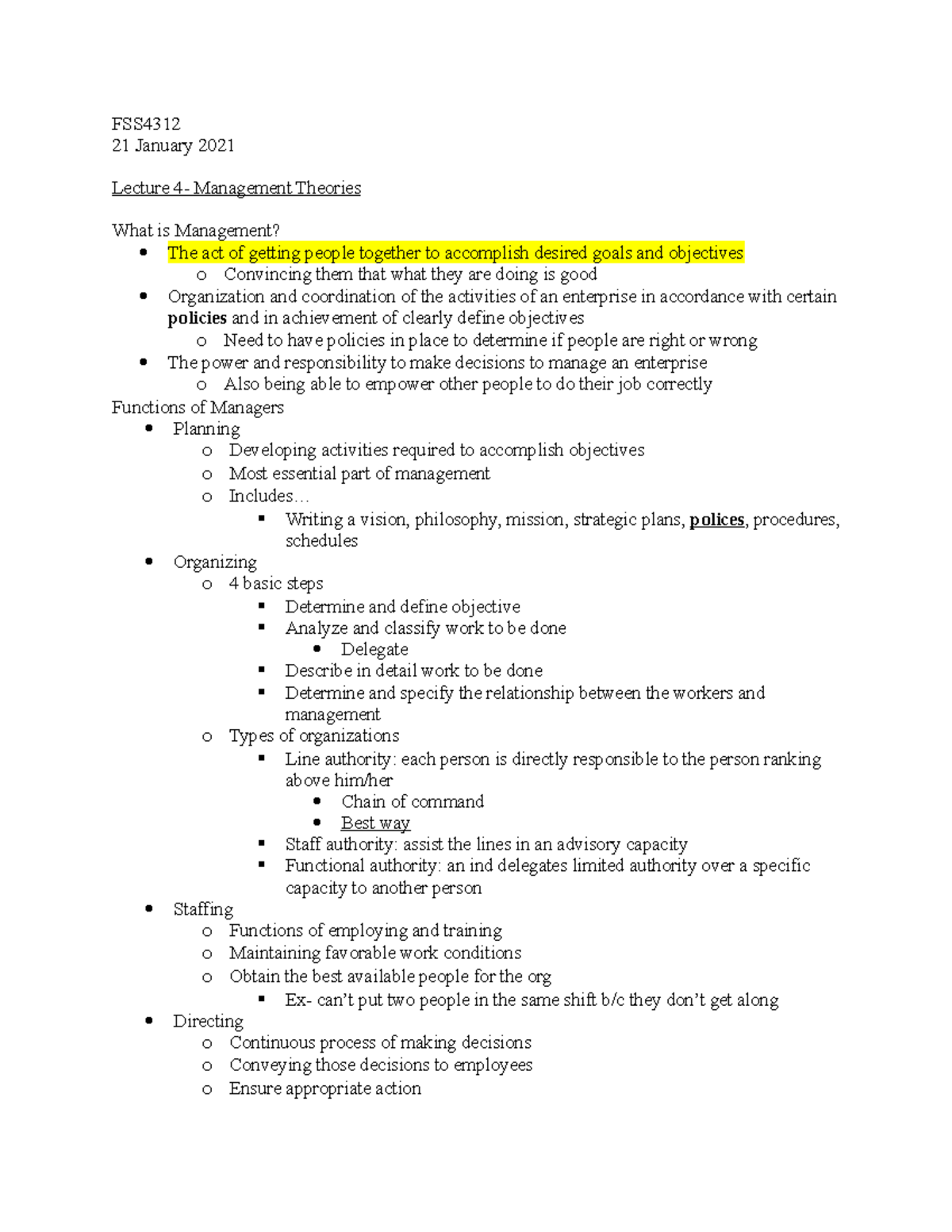 Management Theories - Lecture notes 4 - FSS 21 January 2021 Lecture 4 ...