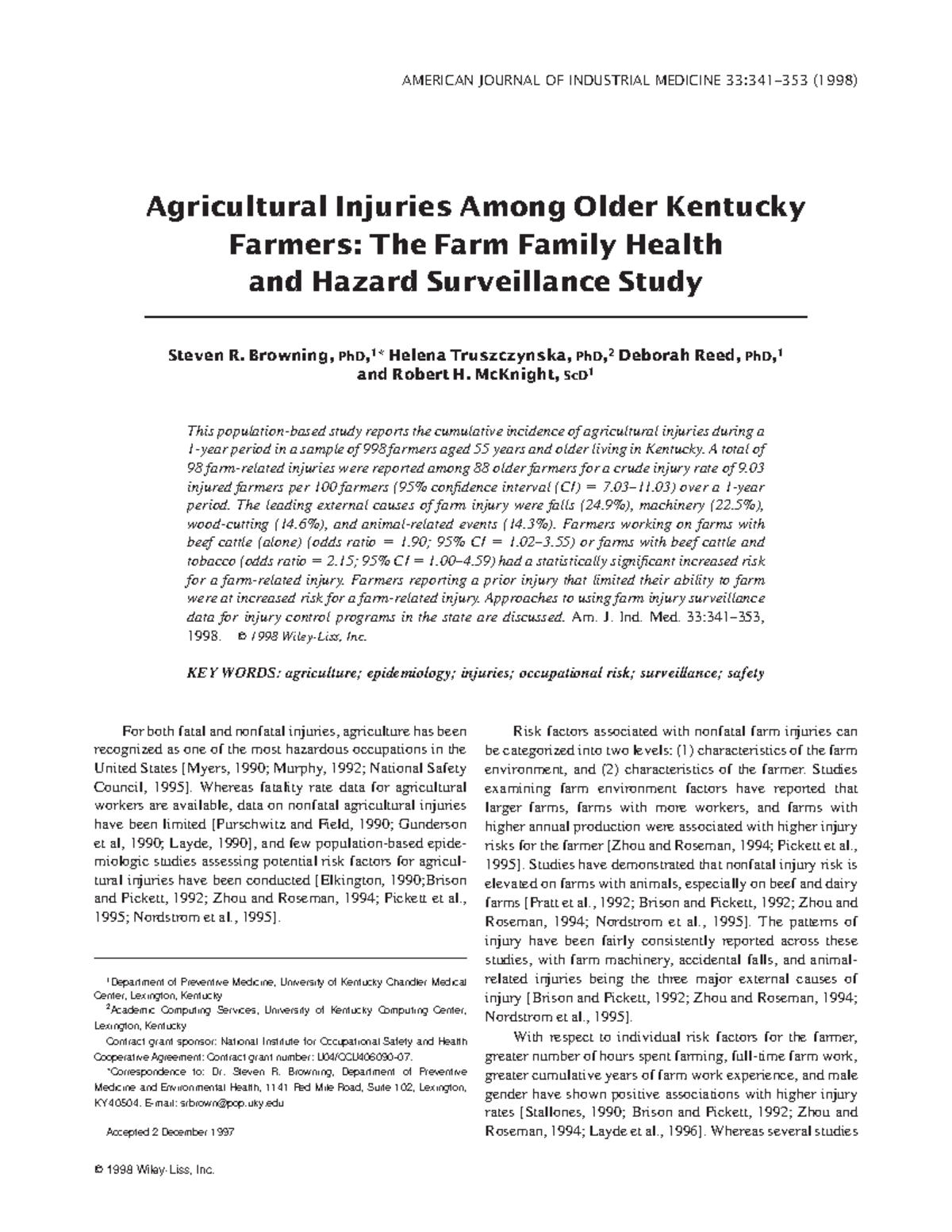 Agricultural Injuries Among Older Kentucky Farmers：The Farm Family ...