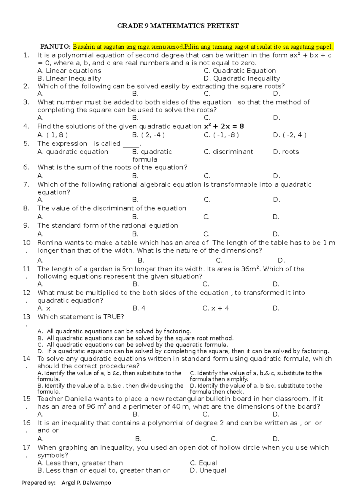 G9 1ST Quarter Pretest 2020 21 - GRADE 9 MATHEMATICS PRETEST PANUTO ...