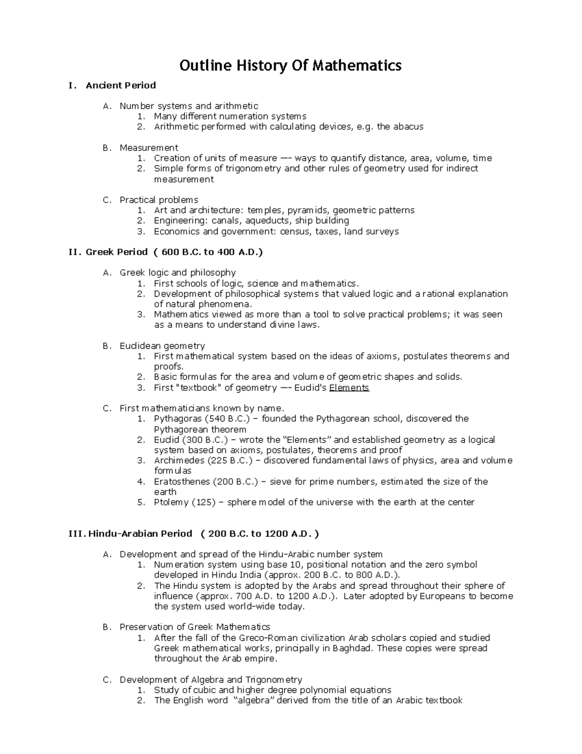 Outline History of Mathematics - Ancient Period A. Number systems and ...