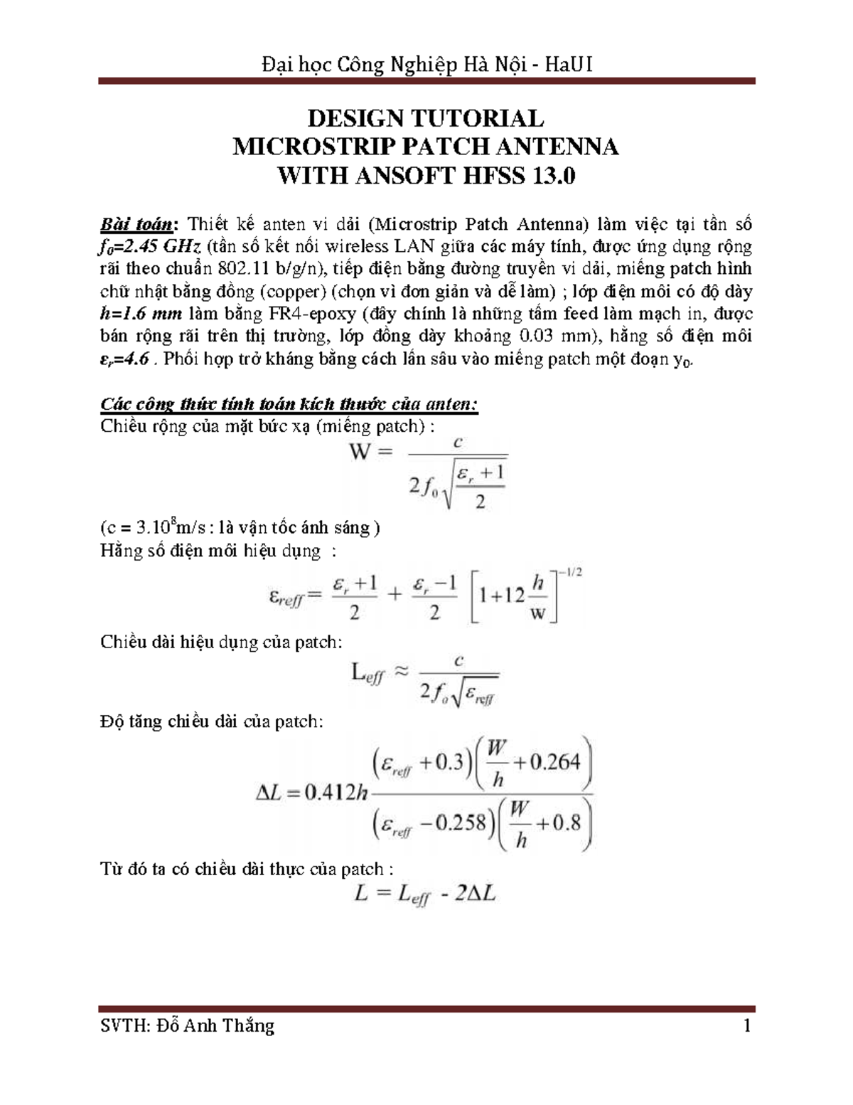 Thit k anten vi di Microstrip Patch A - DESIGN TUTORIAL MICROSTRIP PATCH ANTENNA WITH ANSOFT ...