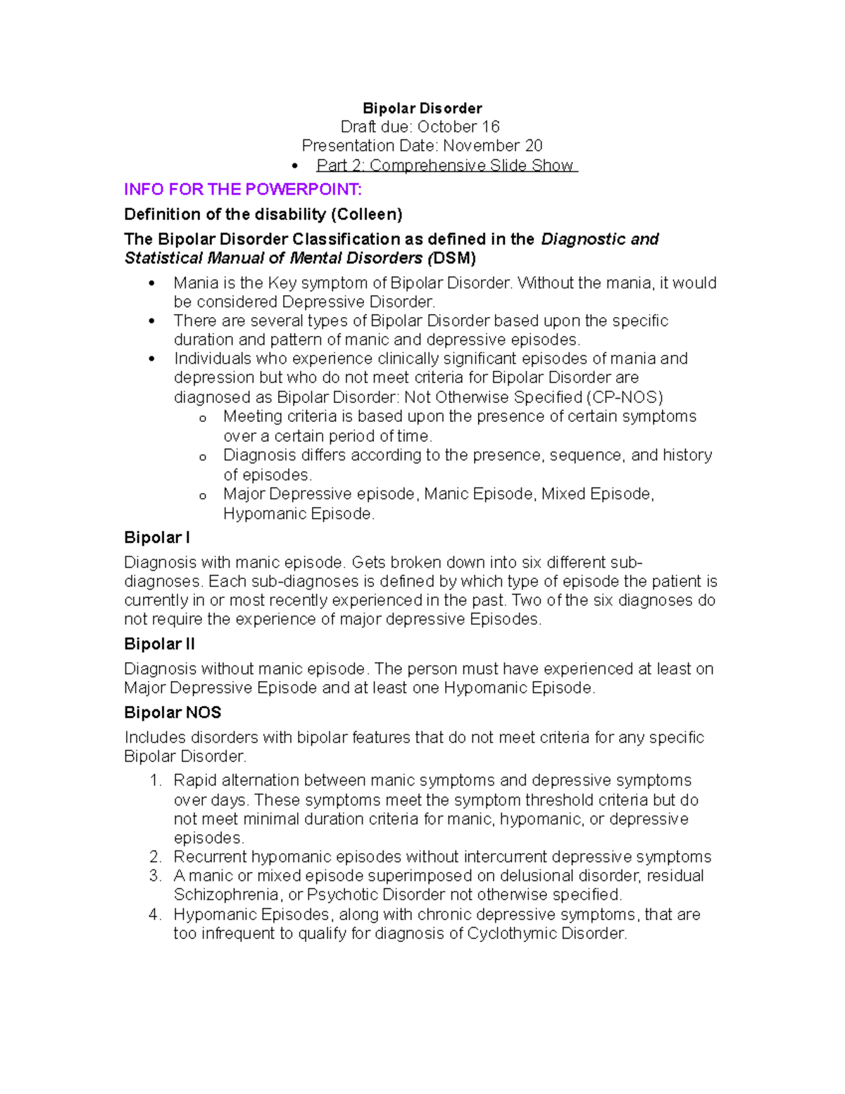 Bipolar Disorder lesson plan - Bipolar Disorder Draft due: October 16 ...