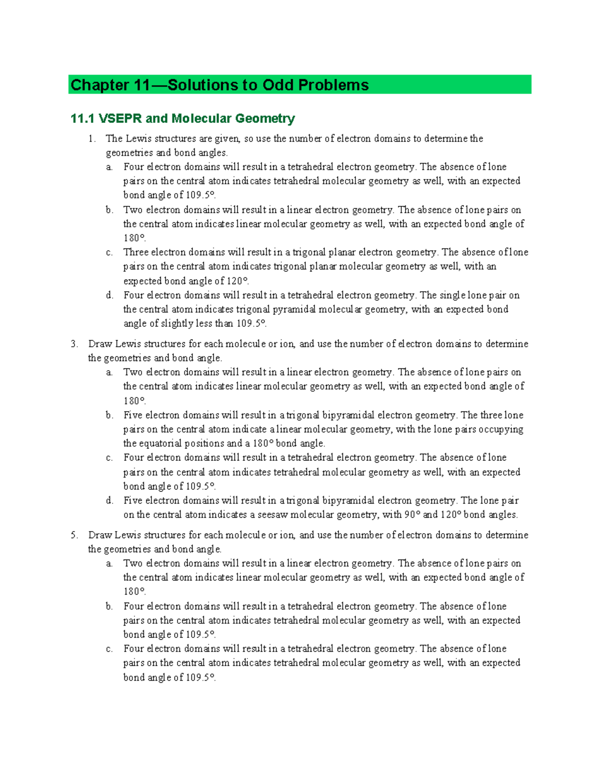 Igcrf 2 - yea - Chapter 11—Solutions to Odd Problems 11 VSEPR and Molecular Geometry 1. The ...