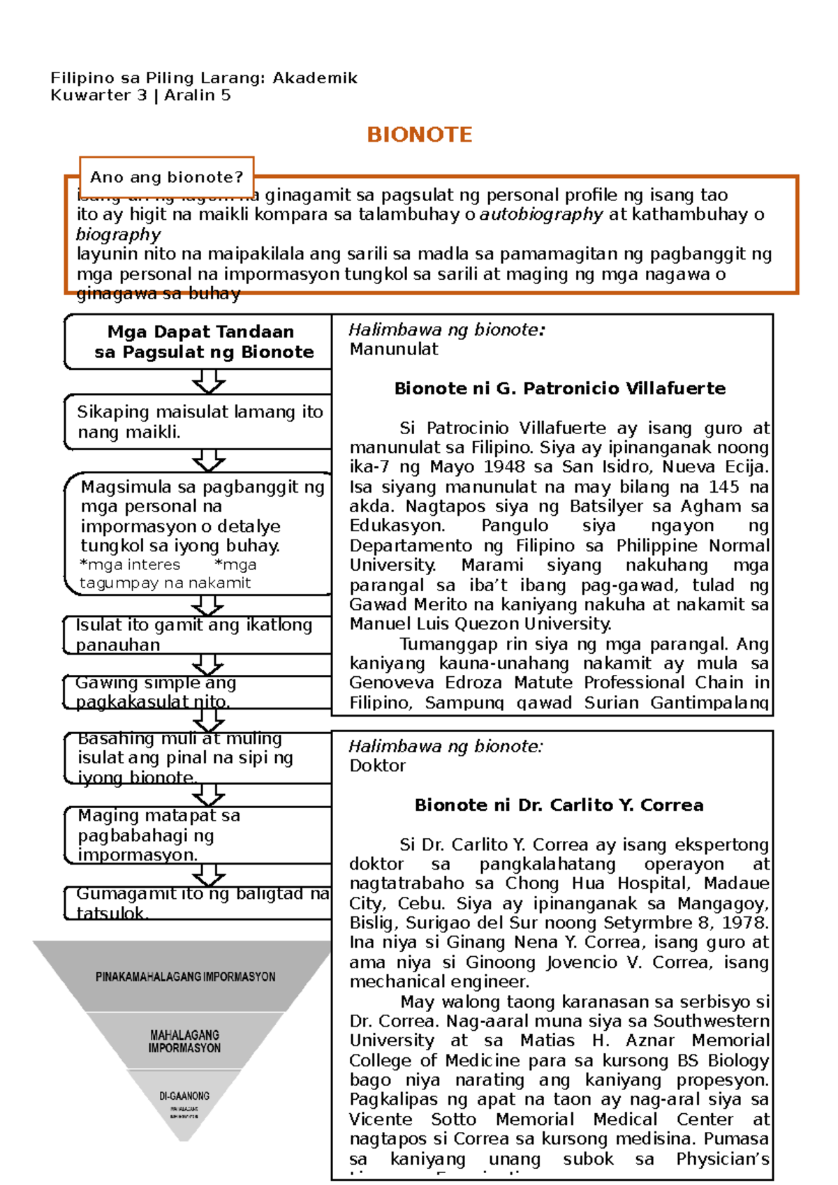 Aralin 5- Bionote - N/A - Filipino sa Piling Larang: Akademik Kuwarter ...