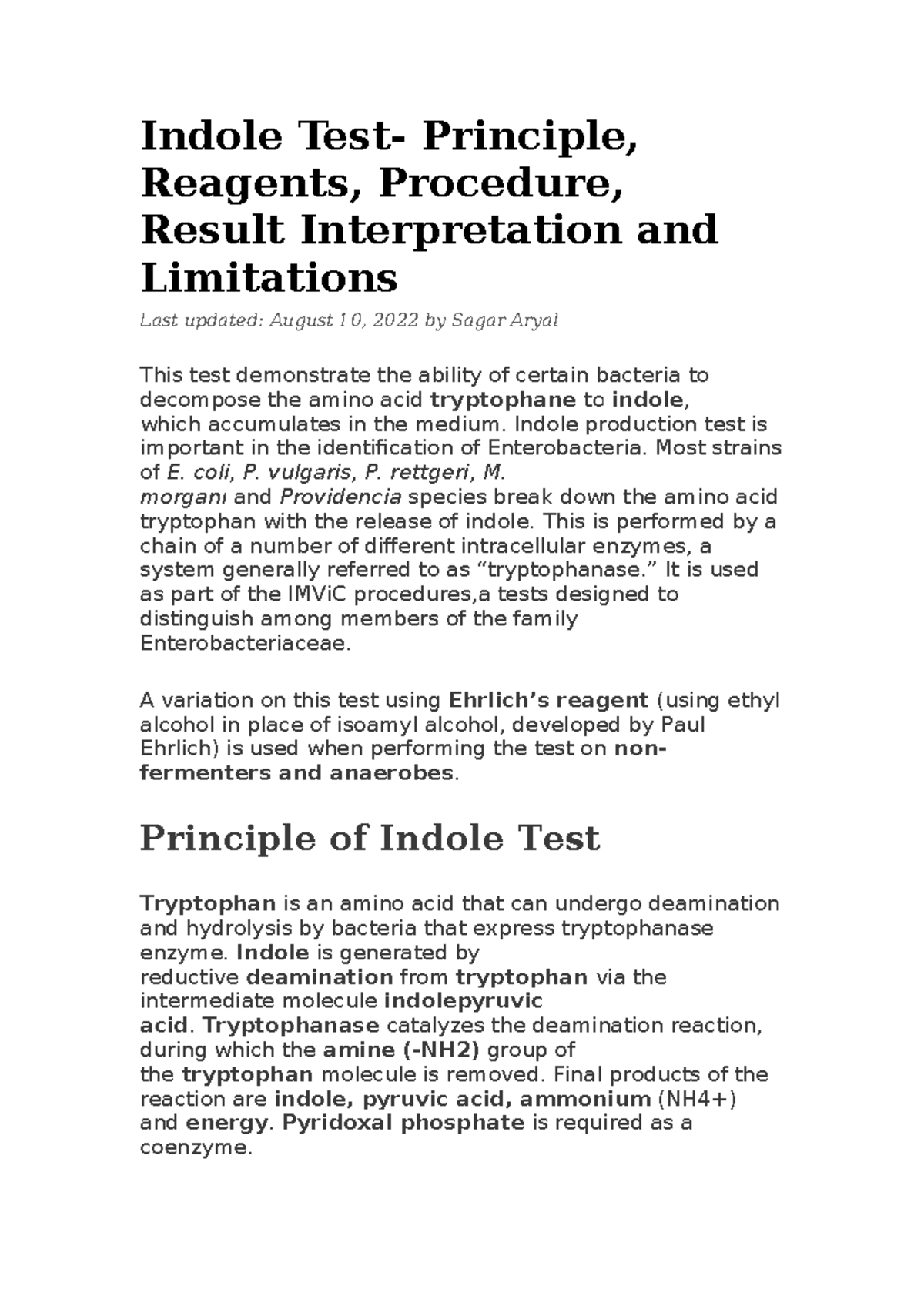 Indole Test - Biochemical test - Indole Test- Principle, Reagents ...