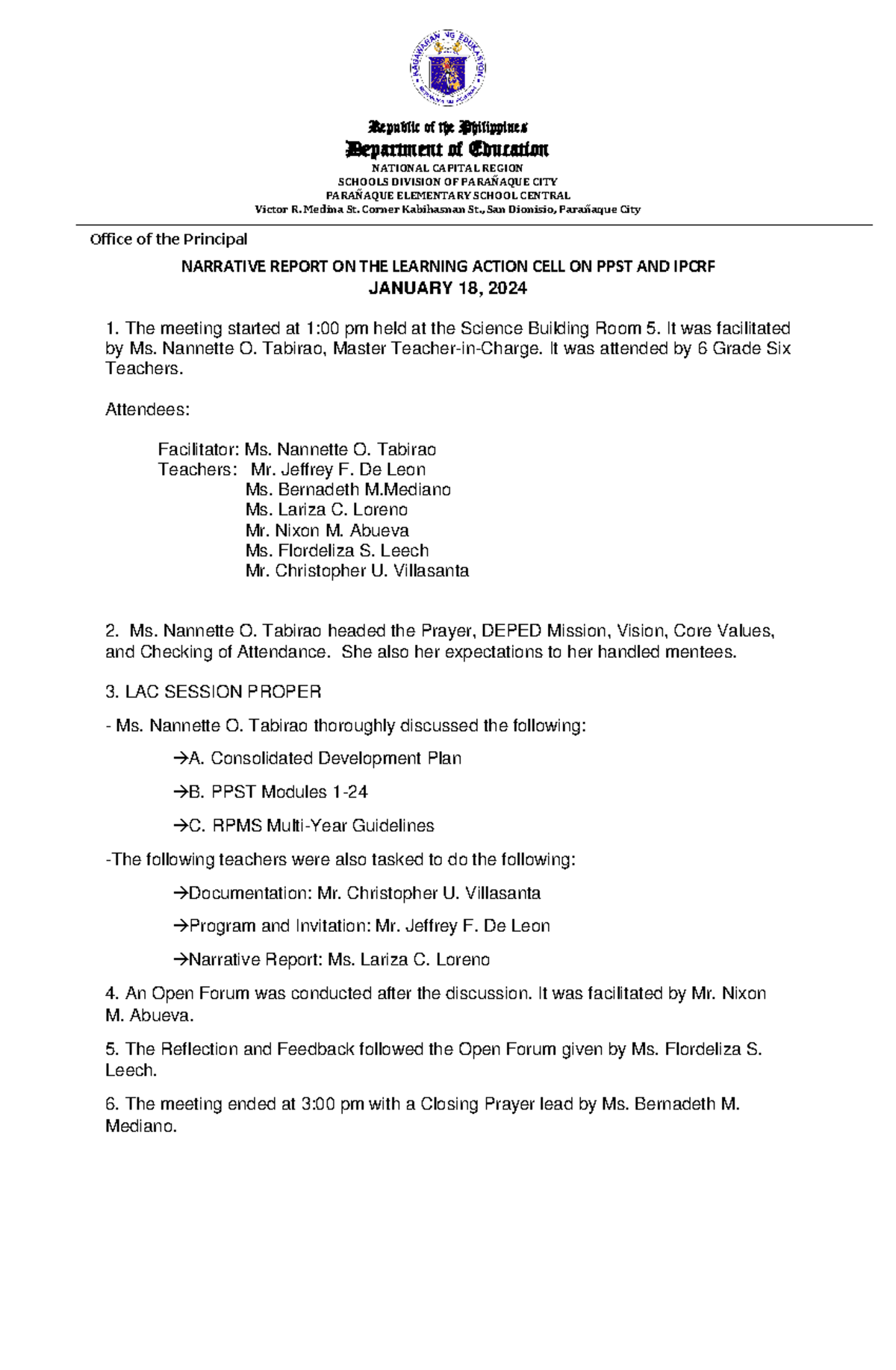 Narrative Report PPST LAC Session - Republic of the Philippines ...