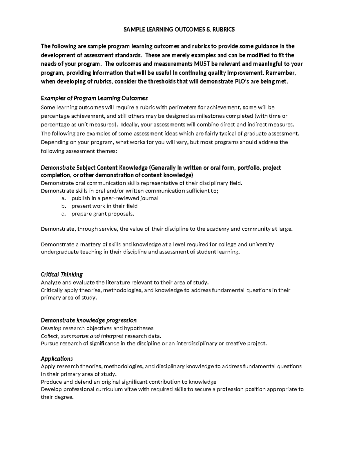 Sample Learning Outcomes and Rubrics - SAMPLE LEARNING OUTCOMES ...
