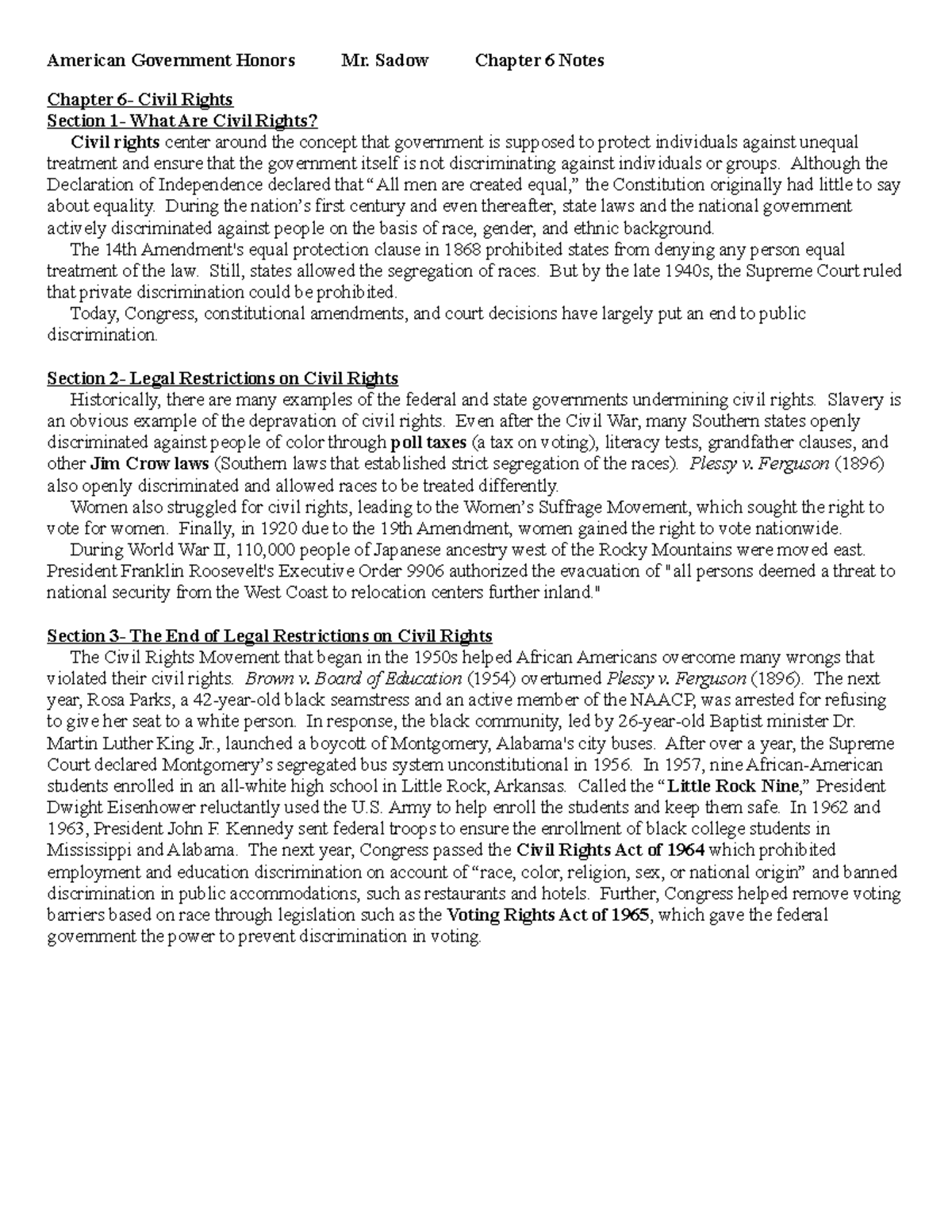 Gov chapter 6 - American Government Honors Mr. Sadow Chapter 6 Notes ...