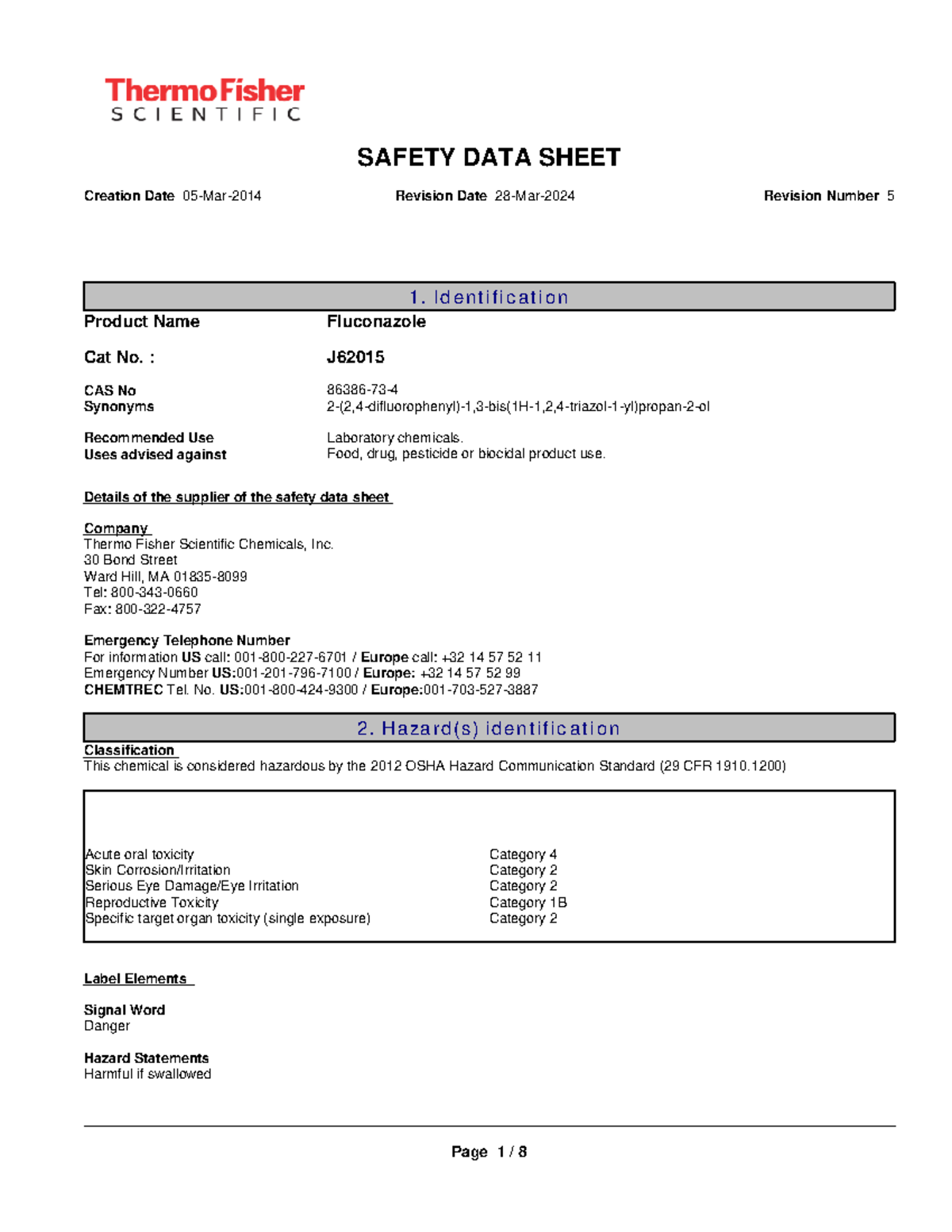 SDS Fluconazole - SAFETY DATA SHEET Creation Date 05-Mar-2014 Revision ...