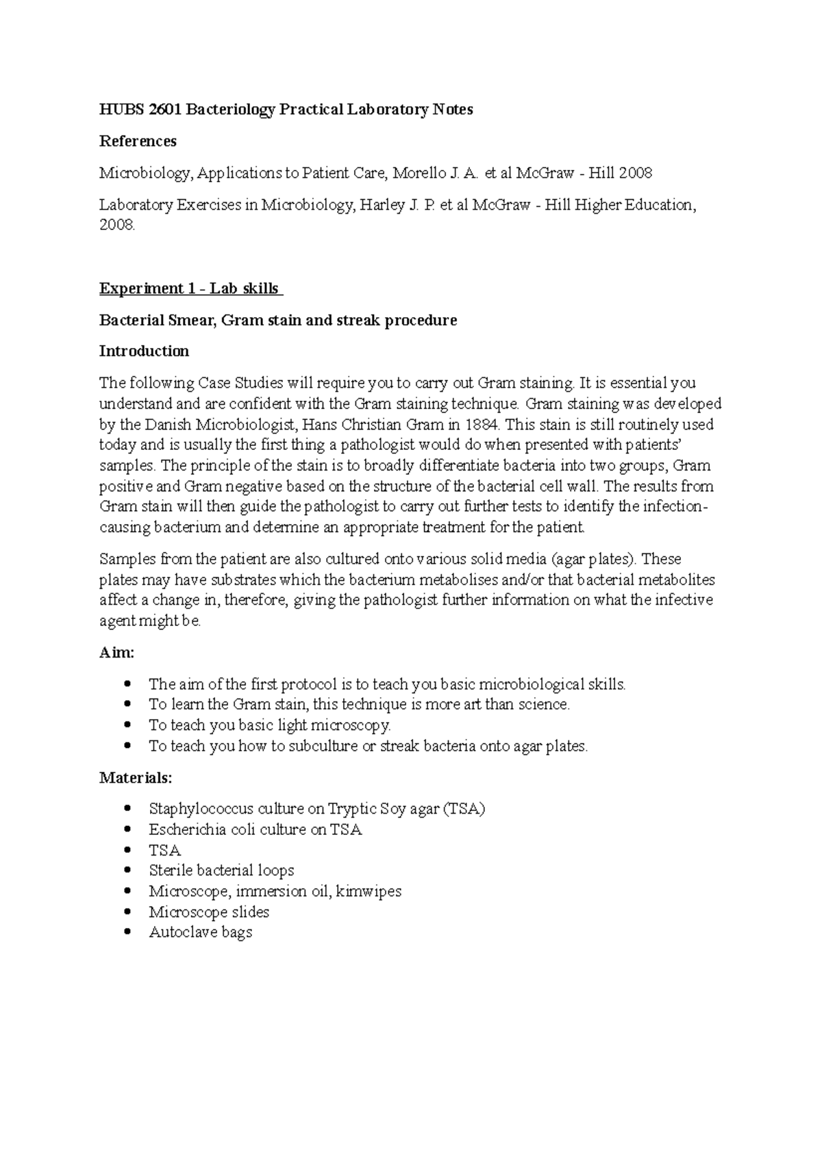 Human pathophysiology lab notes - HUBS 2601 Bacteriology Practical ...