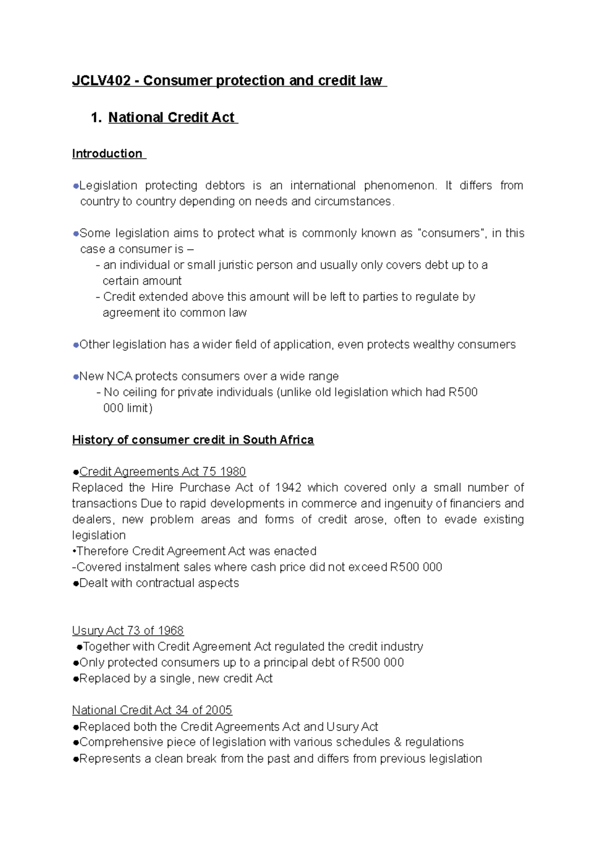 CPA Act notes 2023 - JCLV402 - Consumer protection and credit law 1 ...