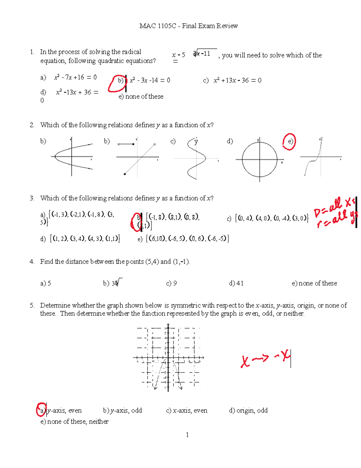 MAC1105 C - Final Exam Review - y x y x y x 5 MAC 1105C - Final Exam ...