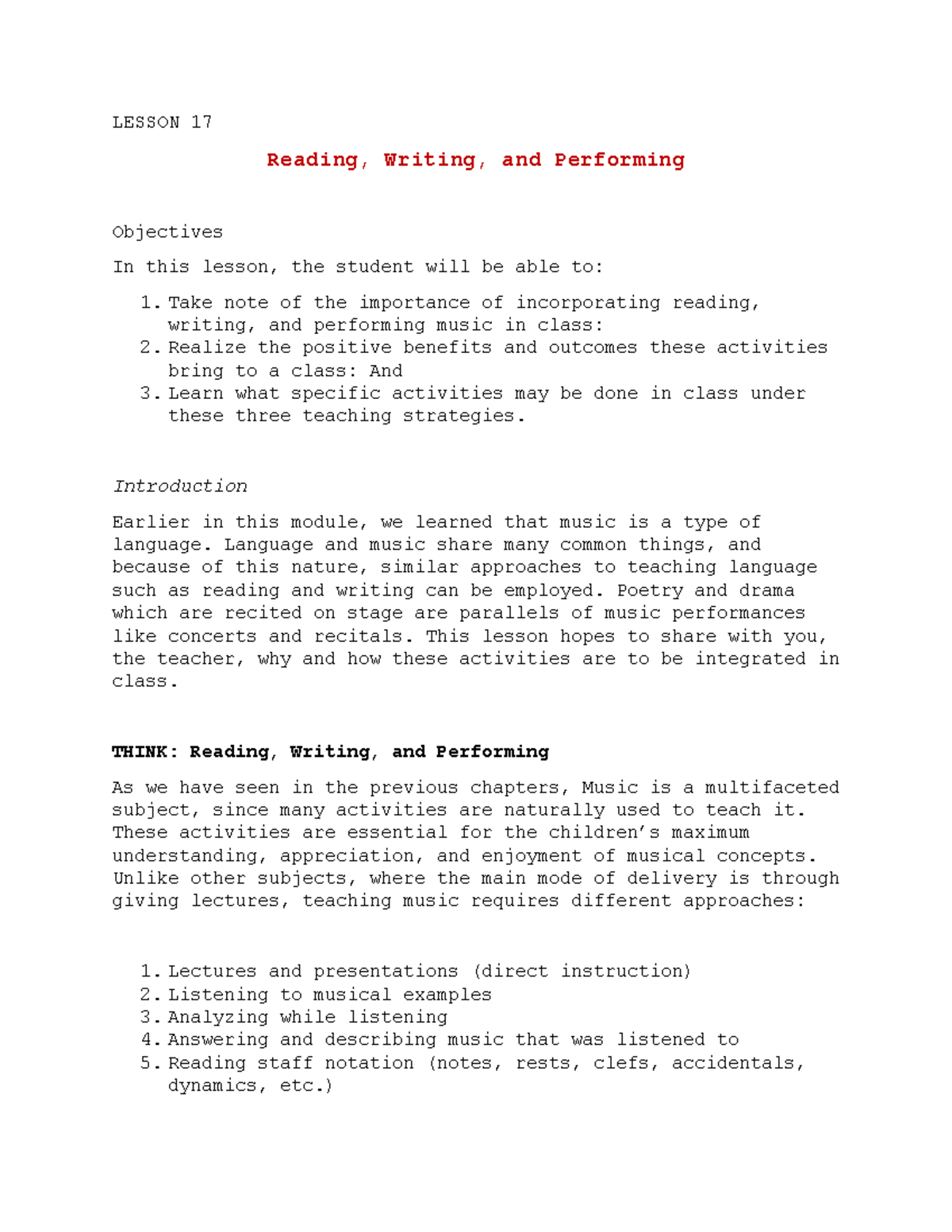 Lesson 17 Reading, Writing, and Performing - LESSON 17 Reading, Writing ...