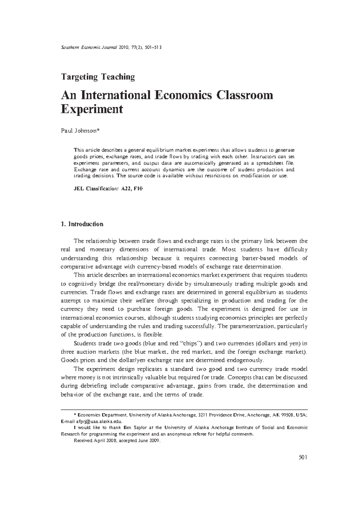An international economics classroom experiment - Targeting Teaching An ...