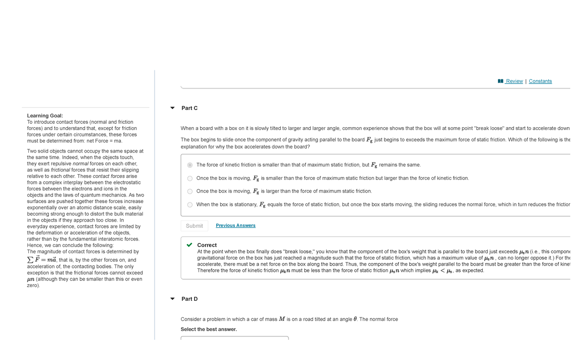 Mastering Physics Ch 05 HW - Contact Forces Introduced 2 - Learning ...