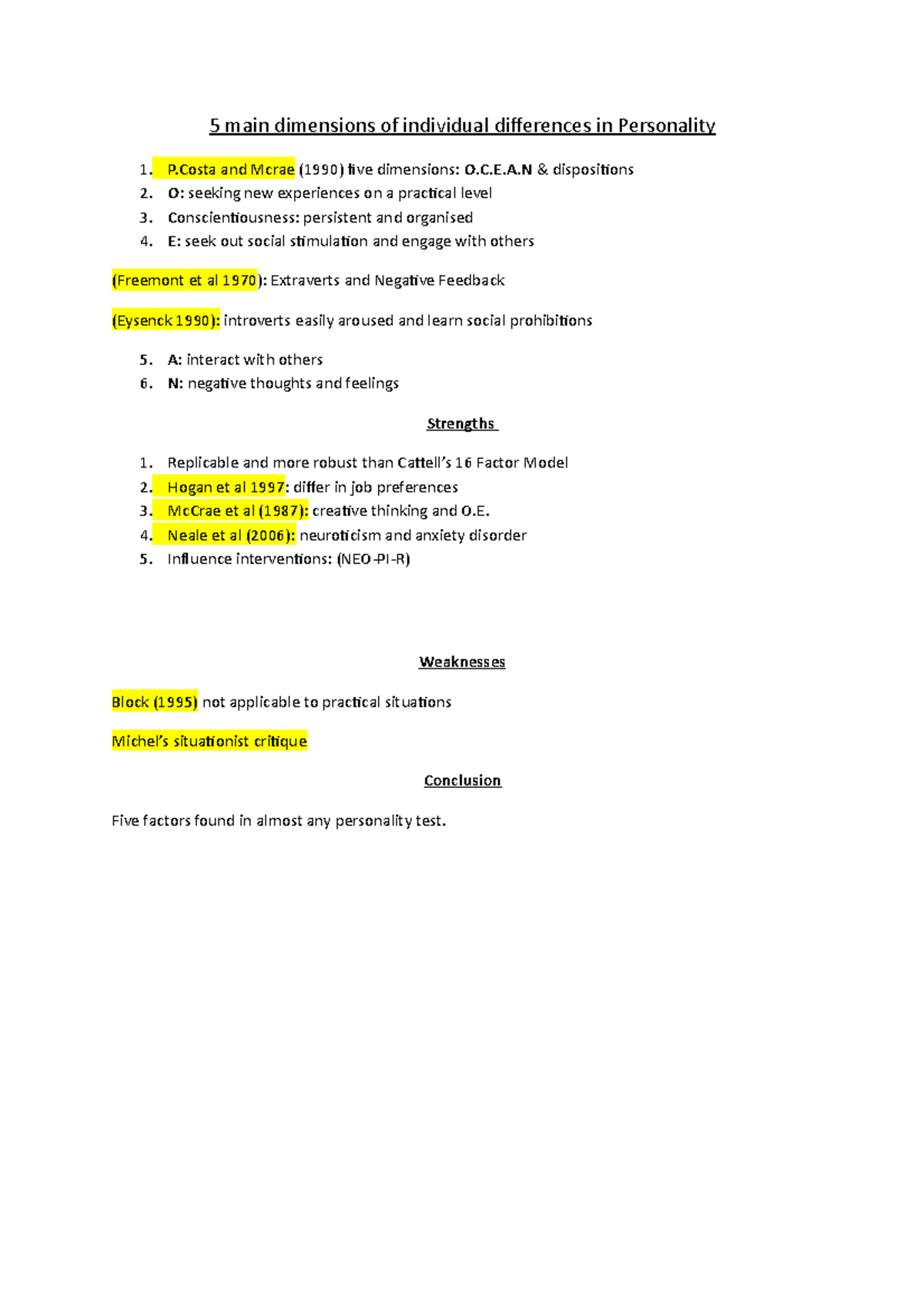 Summary - 5 dimensions - 5 main dimensions of individual differences in ...