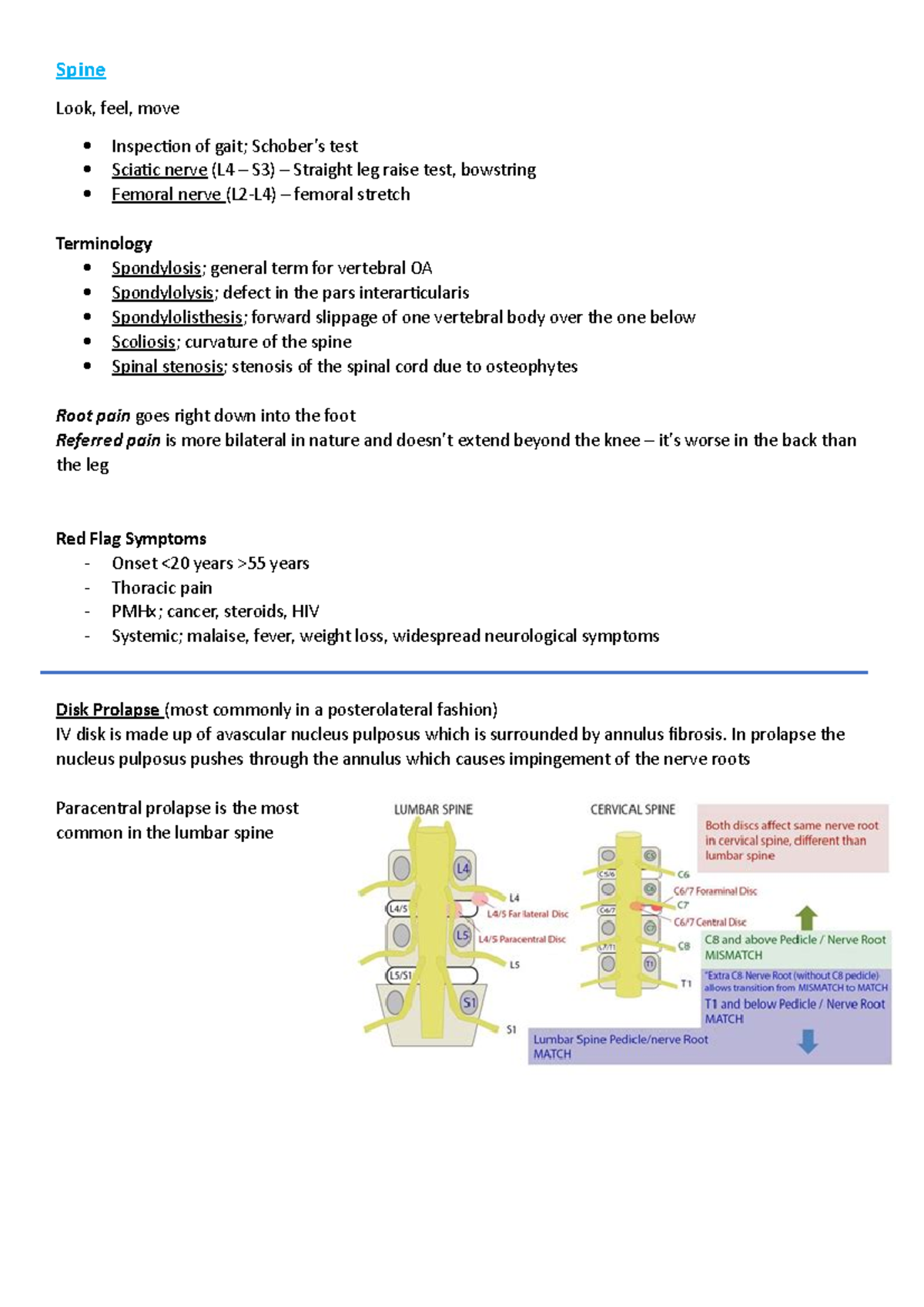 Spine - Summary notes - Spine Look, feel, move Inspection of gait ...