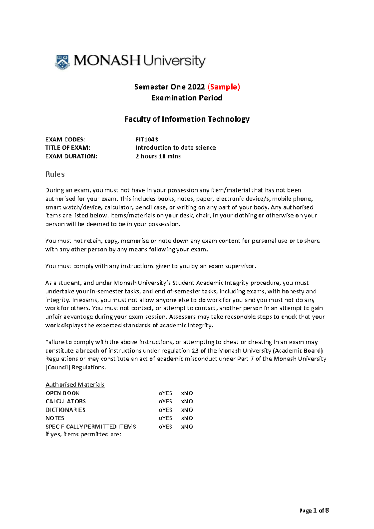 FIT1043 Sample Exam S1 2022 (with Sample Solution) - Semester One 2022 ...
