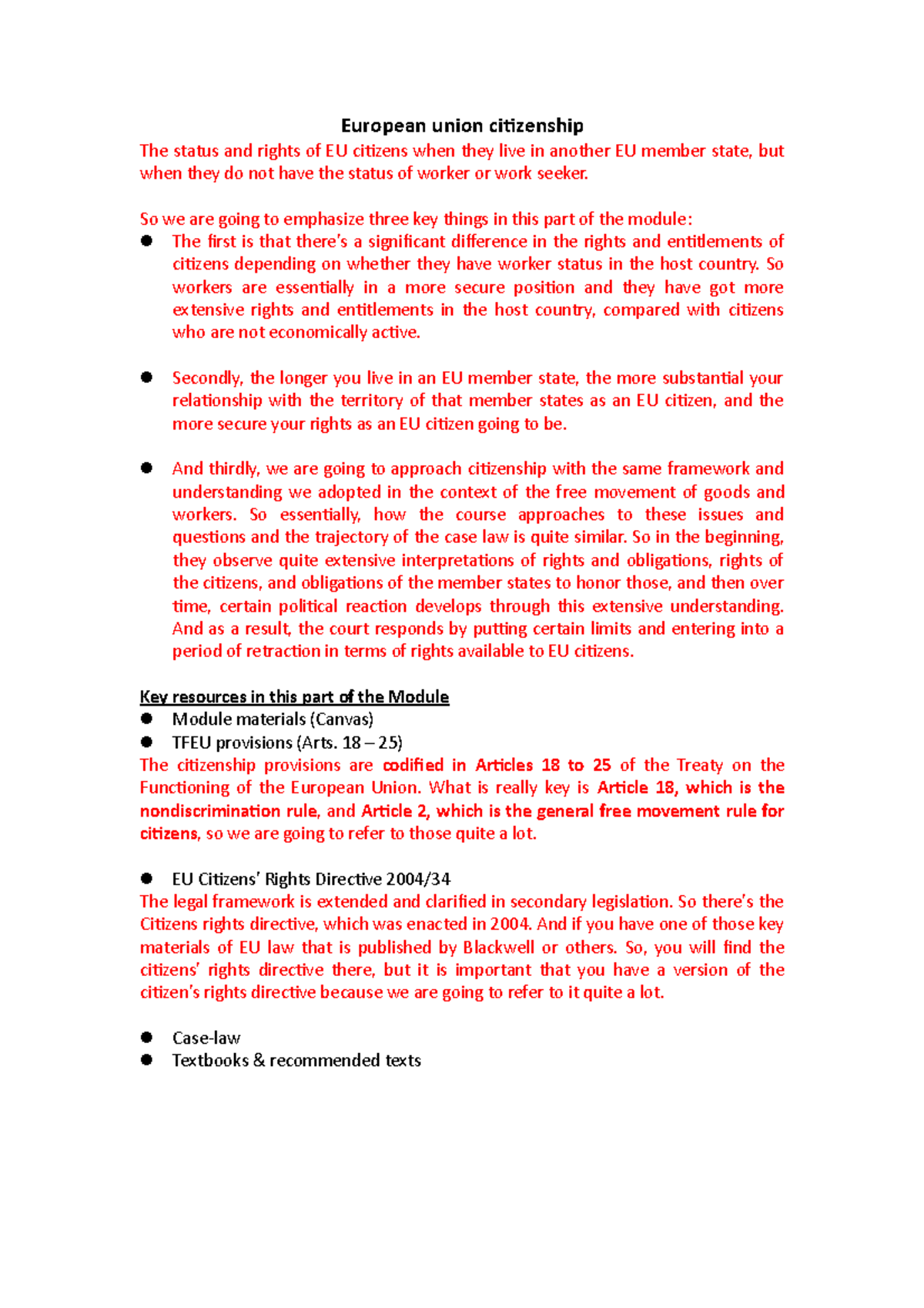 EU Law citizenship Notes I - European union citizenship The status and ...