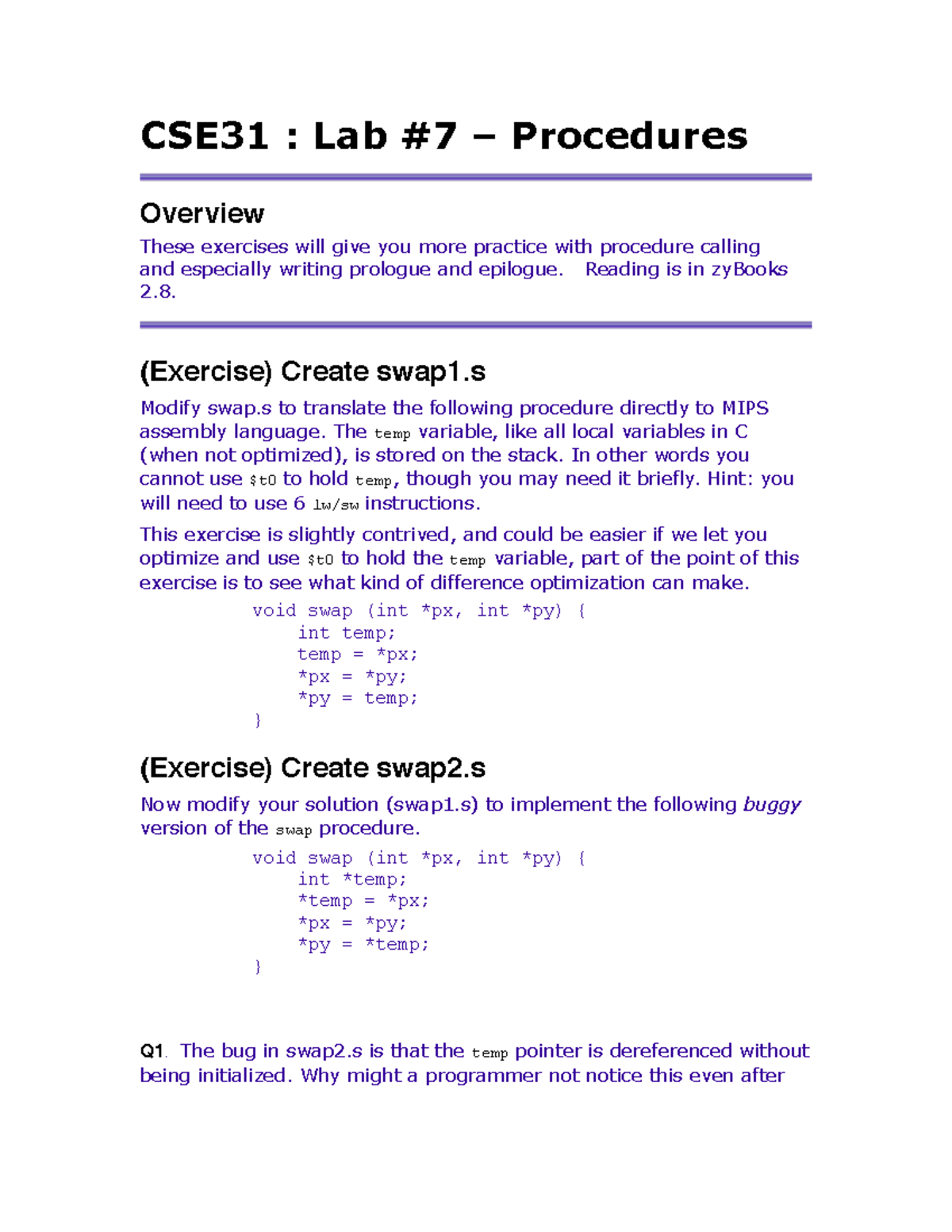 CSE31 lab07 - Instructor: Chi Yan Leung - CSE31 : Lab #7 – Procedures Overview These exercises ...
