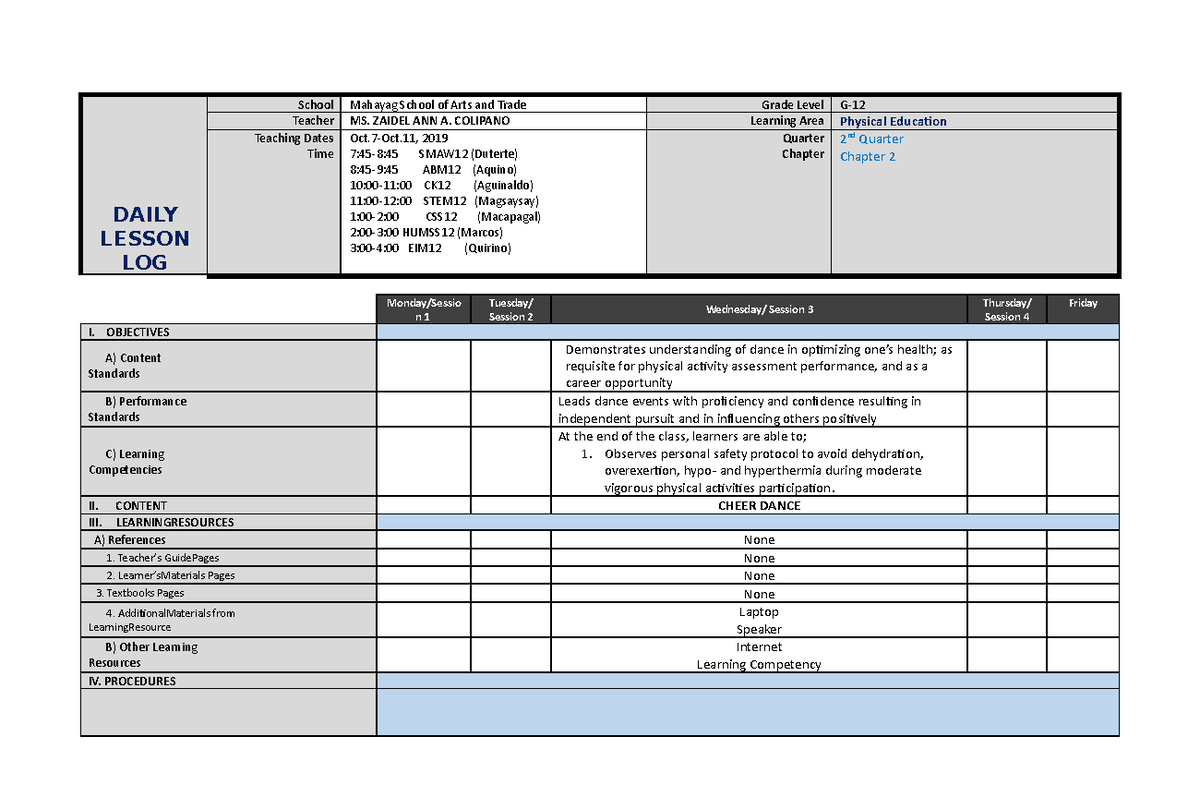 October 7-11, 2019 - Physical education - DAILY LESSON LOG School ...