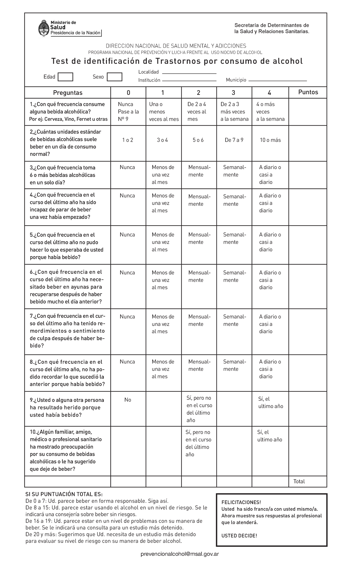 Test Alcohol - Test consumo OH - Preguntas 1.¿Con qué frecuencia ...