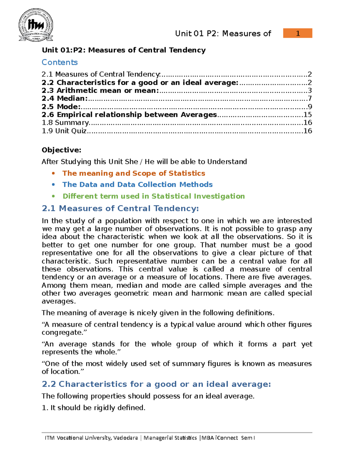 Unit 02 Measures of Central Tendency - Unit 01:P2: Measures of Central ...