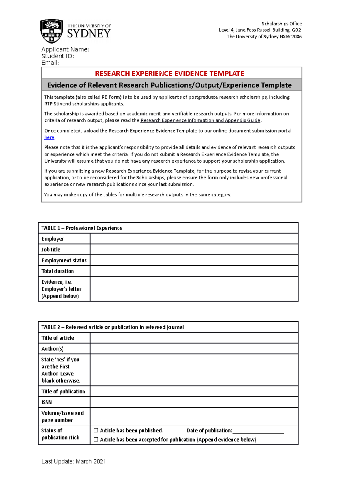 Research experience evidence template - Scholarships Office Level 4 ...