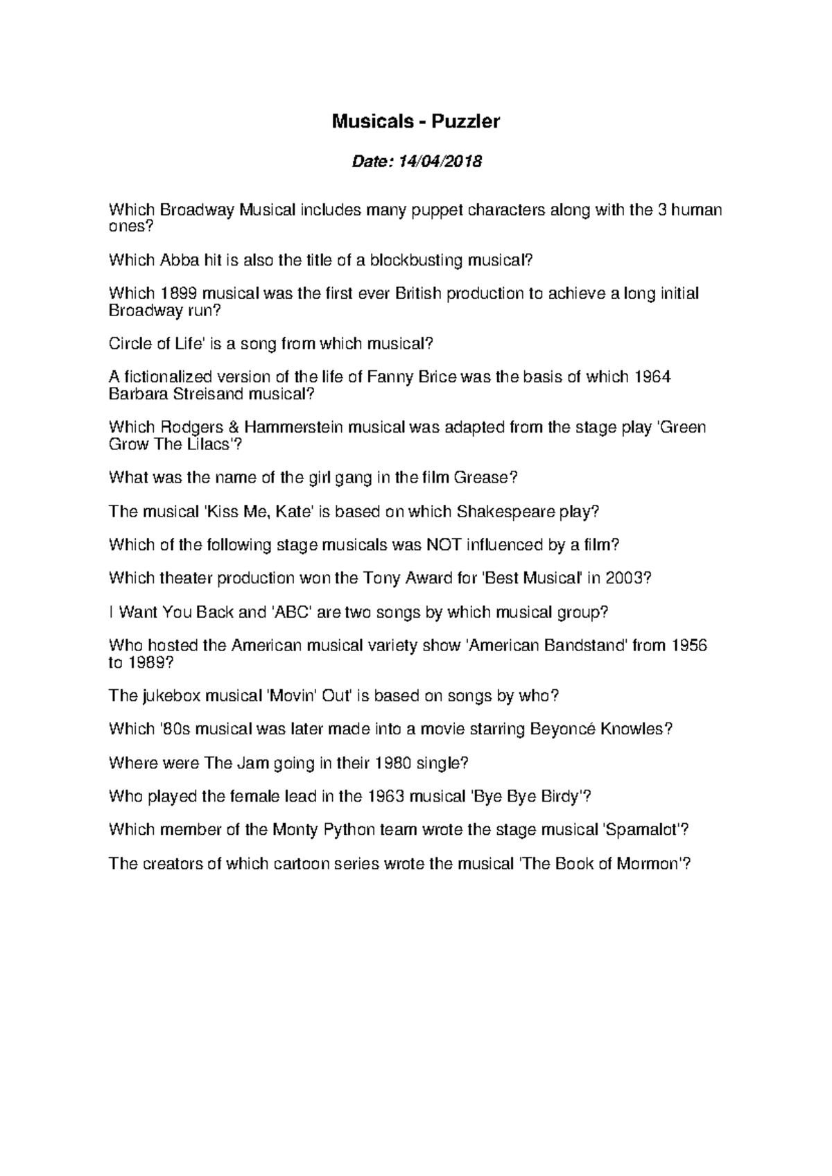 Musicals Puzzler 54 - Green apple - Musicals - Puzzler Date: 14/04 ...