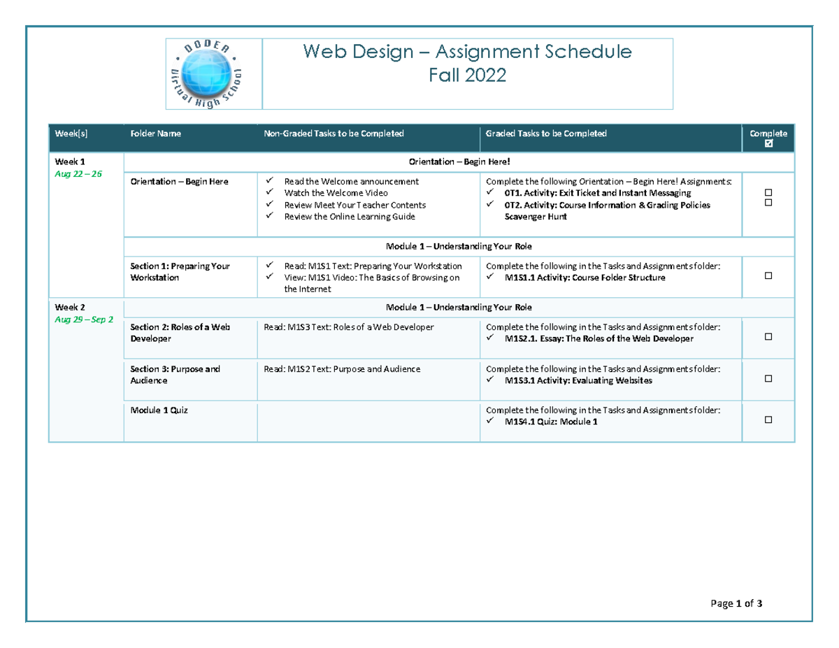 AS Web Design Q1 Do DEA-AM - Web Design – Assignment Schedule Fall 2022 ...