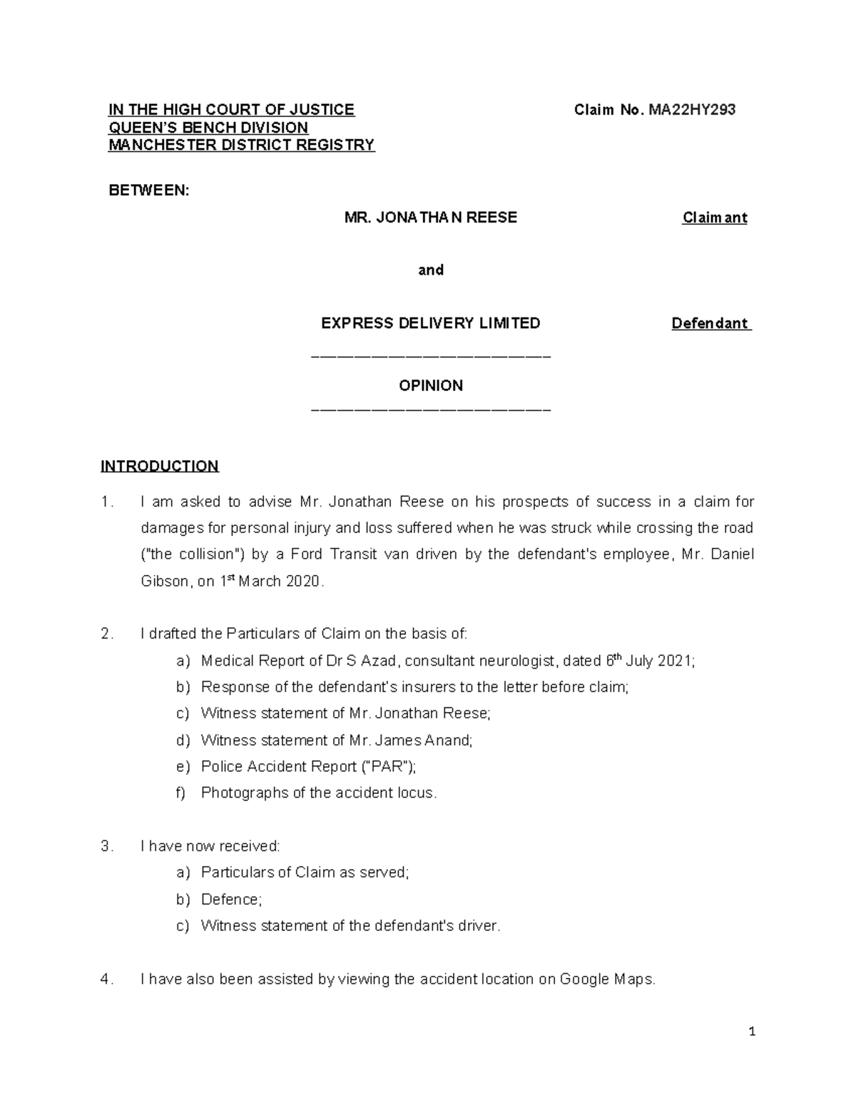 Opinion (cause of action based) copy - IN THE HIGH COURT OF JUSTICE ...