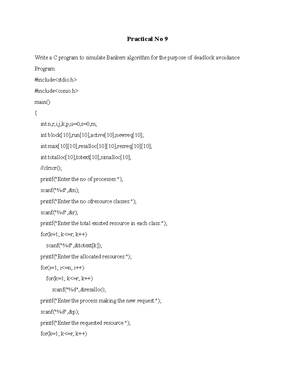 Os6 - hi i'll ok if try again - Practical No 9 Write a C program to simulate Bankers algorithm ...