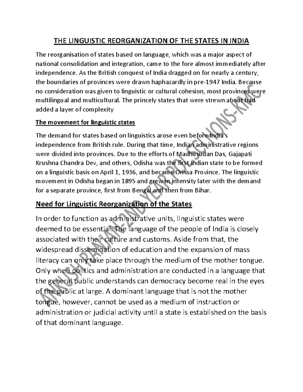 THE Linguistic Reorganization OF THE States IN India-MR - THE ...